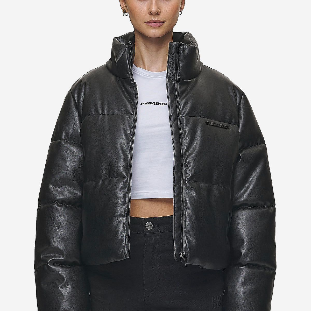 Georgia Faux Leather Puffer Jacket Metal Logo Black – PEGADOR®